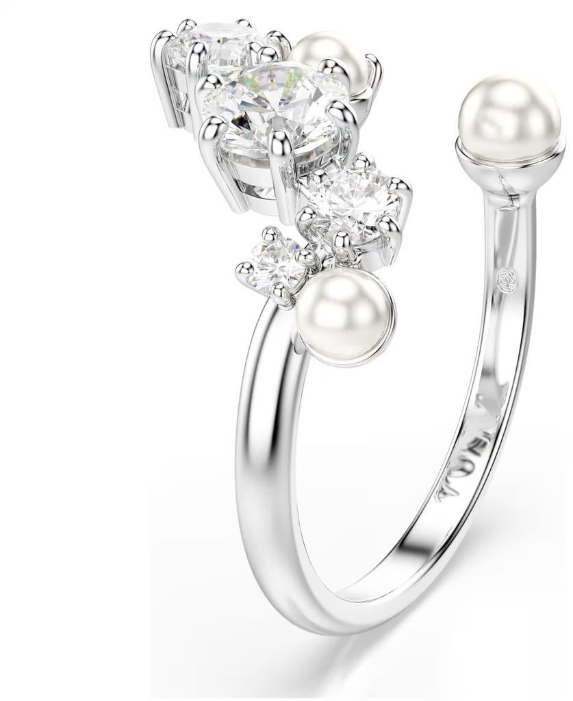 Swarovski Constella open ring Crystal pearl, Round cuts, White, Rhodium ...