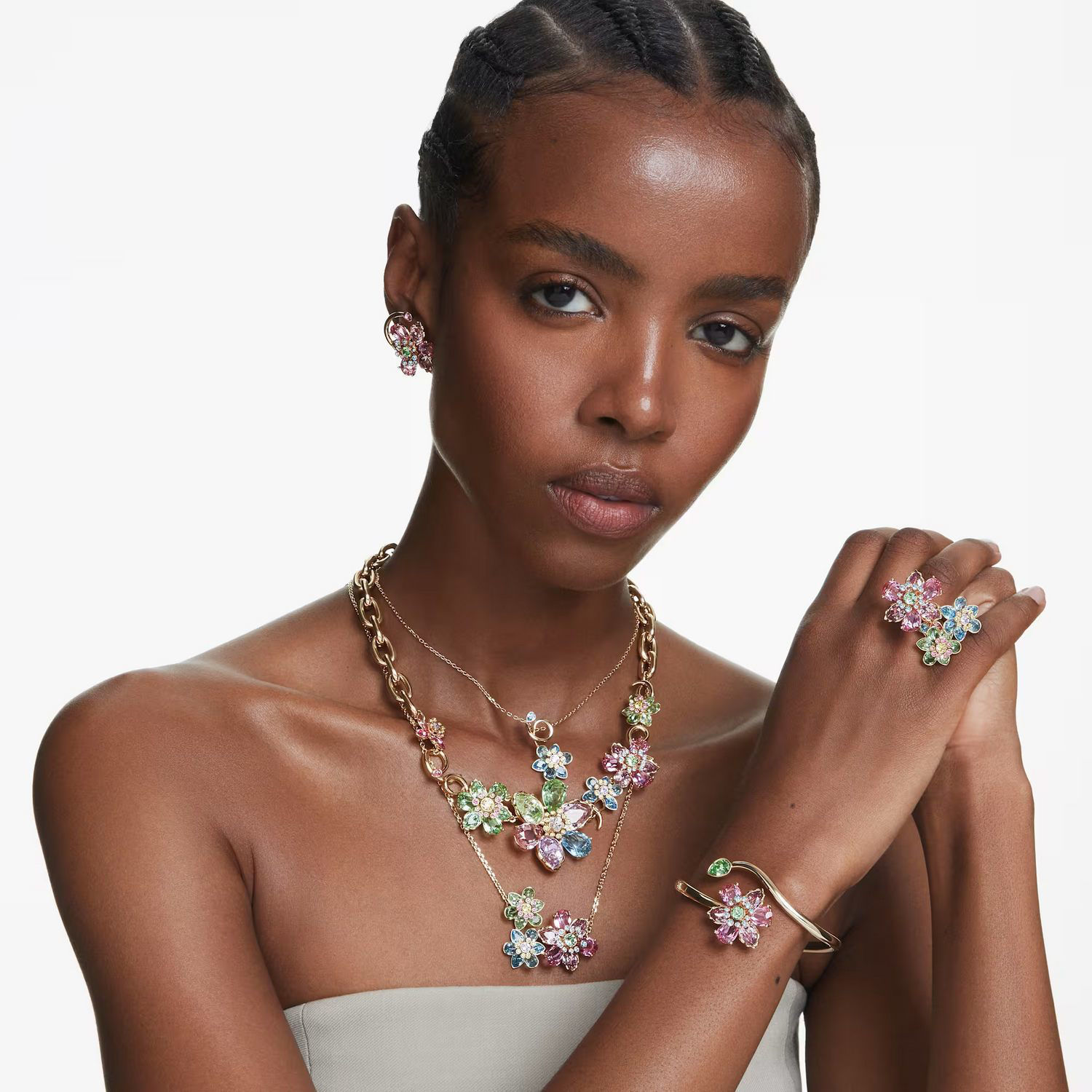 Swarovski collier Idyllia Mixed cuts, Flower, Multicolored, Gold-tone ...